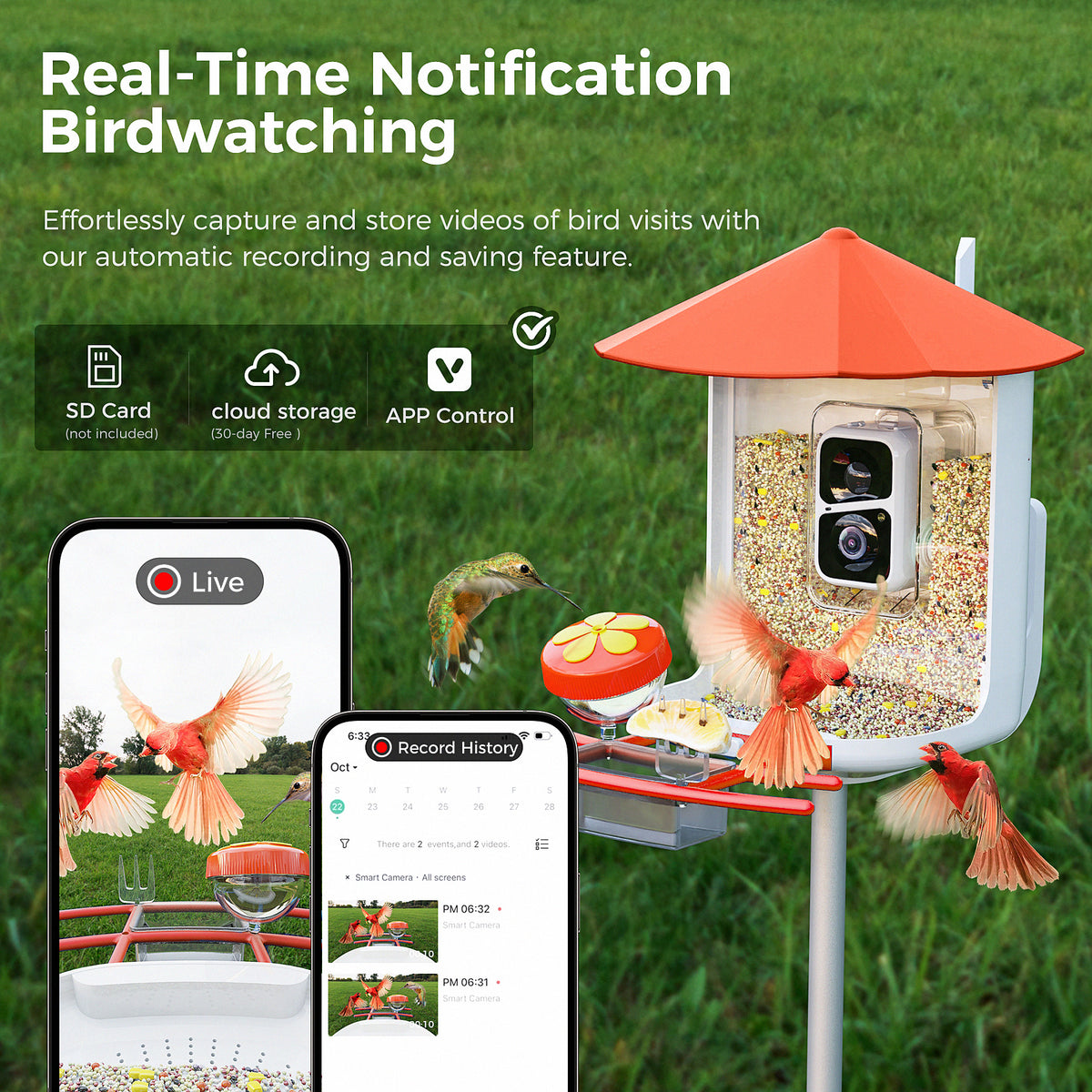 PerchMe Smart Bird Feeder with AI Camera & Solar Panel (Vermillion & A